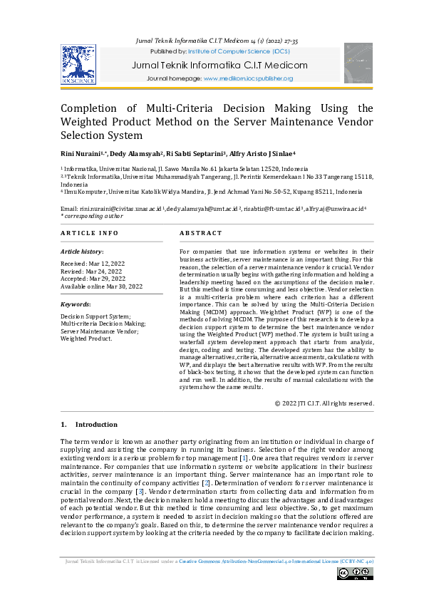 (PDF) Completion of Multi-Criteria Decision Making Using the Weighted Product Method on the ...