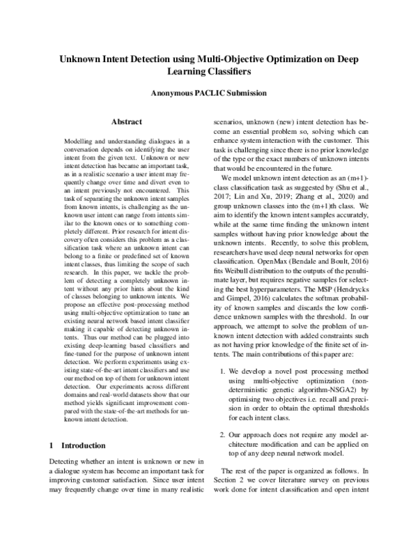 Pdf Unknown Intent Detection Using Multi Objective Optimization On
