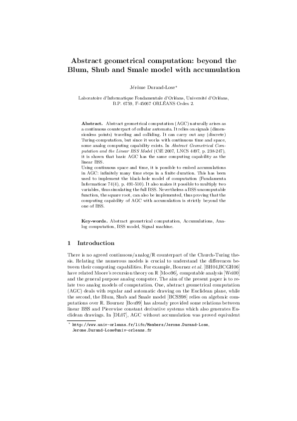(PDF) Abstract geometrical computation : beyond the Blum , Shub and Smale model with accumulation