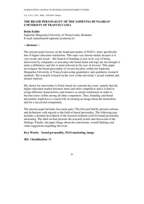 (PDF) The Brand Personality of the Sapientia Hungarian University of ...