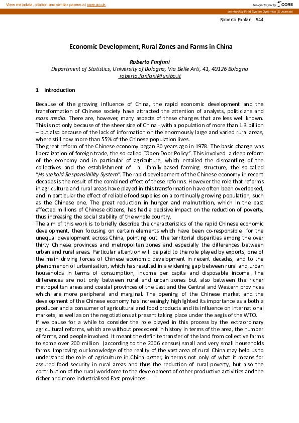 (PDF) Economic Development, Rural Zones and Farms in China | Roberto ...