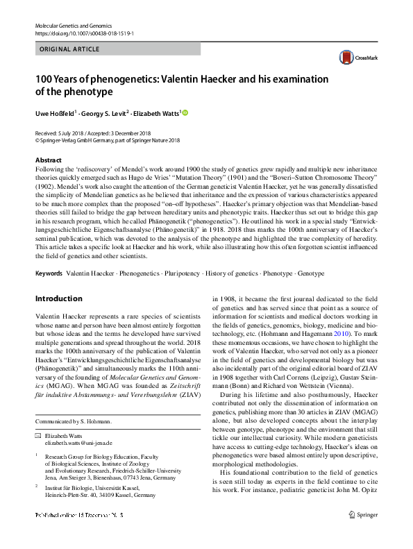 (PDF) 100 Years of phenogenetics: Valentin Haecker and his examination ...