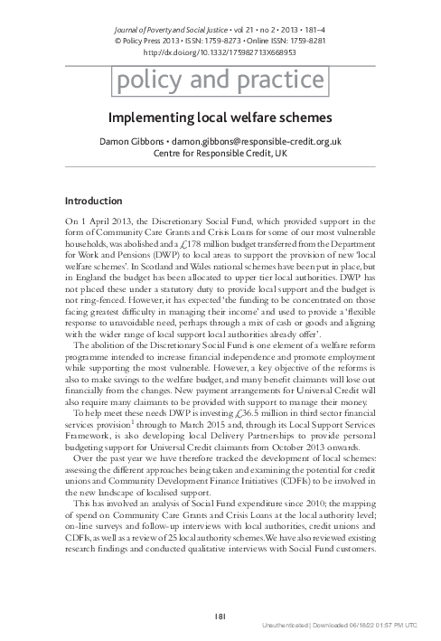 (PDF) Implementing local welfare schemes