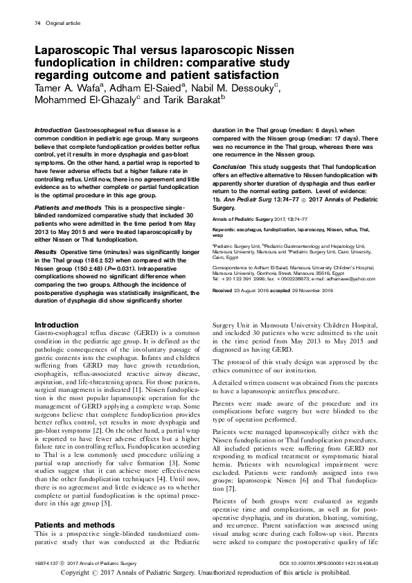 (PDF) Laparoscopic Thal versus laparoscopic Nissen fundoplication in ...