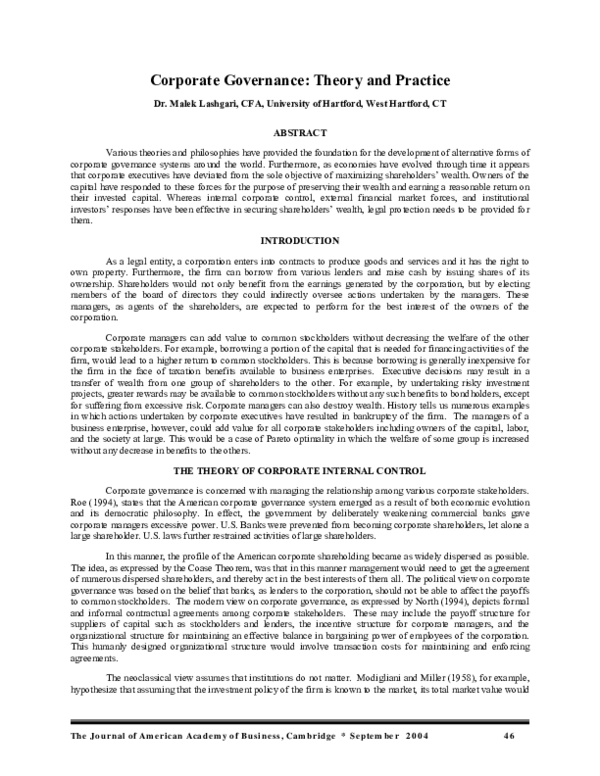 (PDF) Corporate Governance: Theory and Practice
