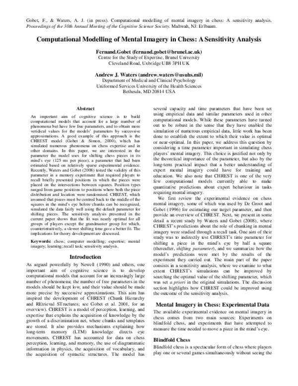 Pdf Computational Modelling Of Mental Imagery In Chess A Sensitivity
