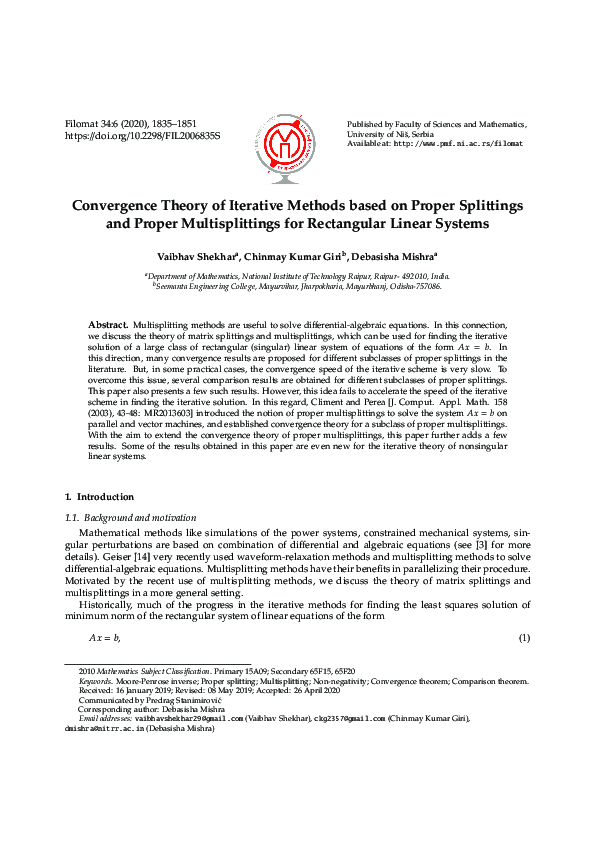 Pdf Convergence Theory Of Iterative Methods Based On Proper Splittings And Proper 