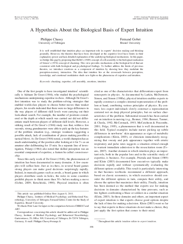 (PDF) A Hypothesis about the Biological Basis of Expert Intuition