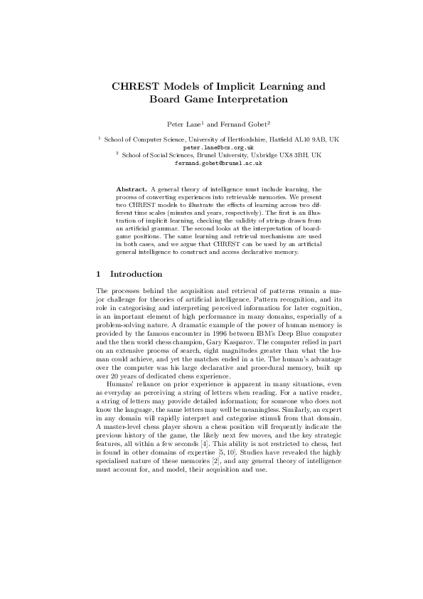 (PDF) CHREST Models of Implicit Learning and Board Game Interpretation