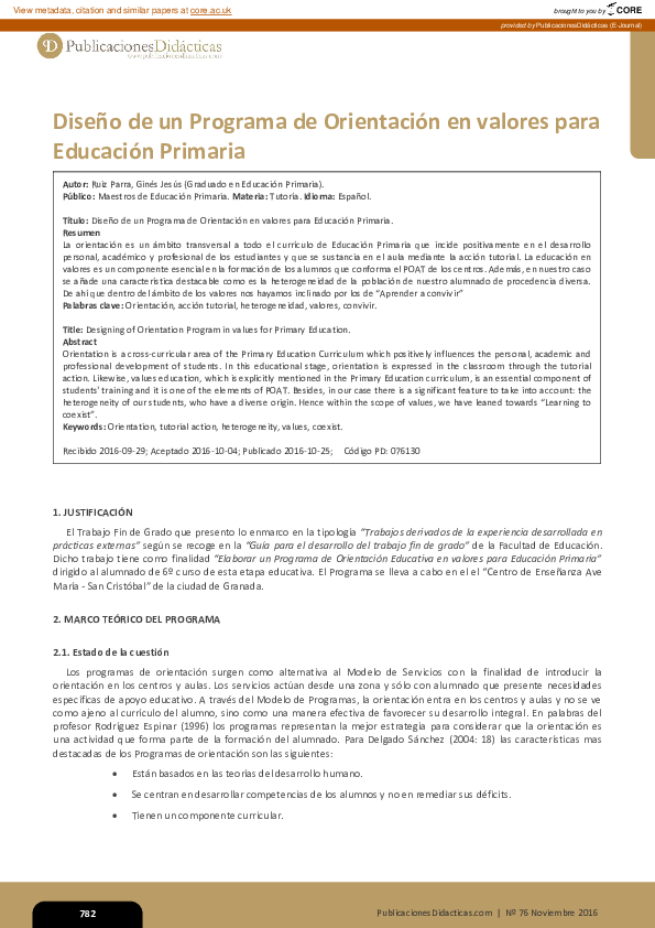 (PDF) Designing of Orientation Program in values for Primary Education