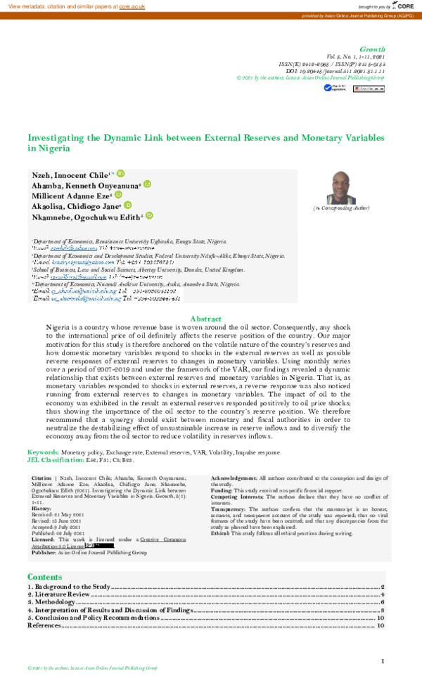 (PDF) Investigating the Dynamic Link between External Reserves and Monetary Variables in Nigeria