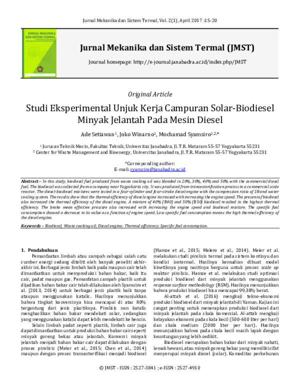 (PDF) Jurnal Mekanika dan Sistem Termal (JMST) Studi Eksperimental Unjuk Kerja Campuran Solar ...