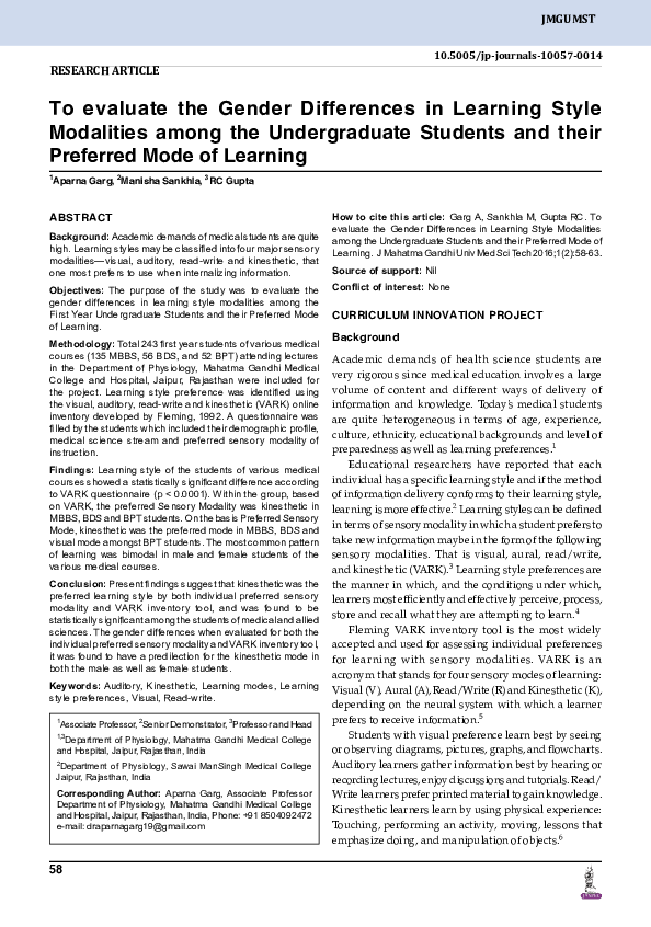 (PDF) To evaluate the Gender Differences in Learning Style Modalities ...