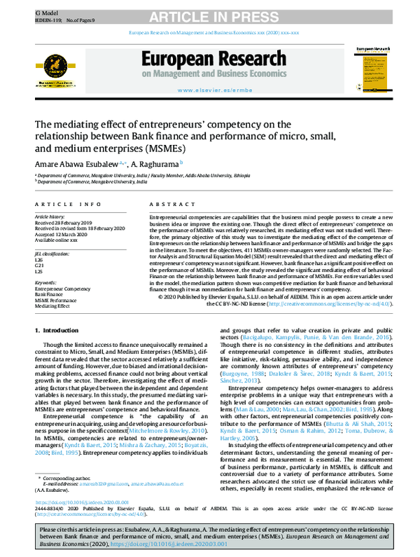 (PDF) The mediating effect of entrepreneurs’ competency on the relationship between Bank finance ...