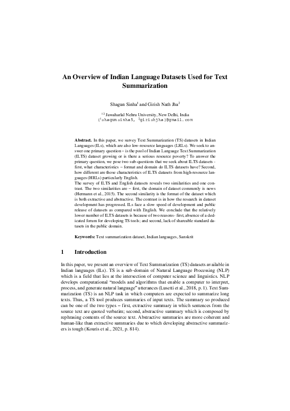 (PDF) An Overview of Indian Language Datasets used for Text Summarization