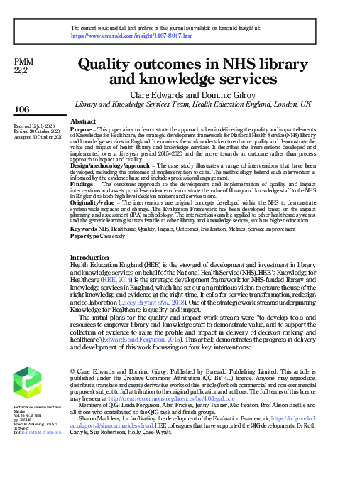(PDF) Quality outcomes in NHS library and knowledge services