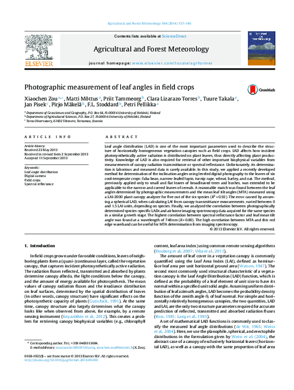 (PDF) Photographic measurement of leaf angles in field crops