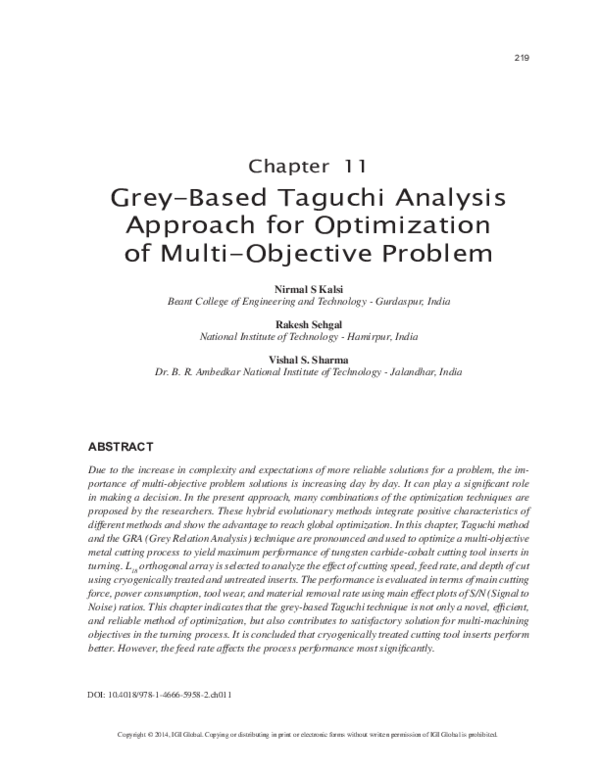 (PDF) Grey-Based Taguchi Analysis Approach for Optimization of Multi-Objective Problem
