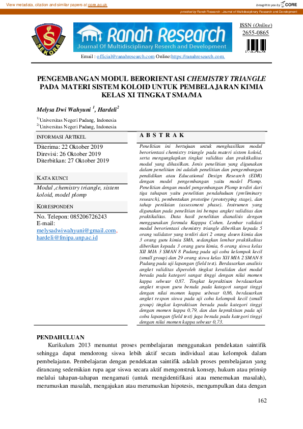 (PDF) Pengembangan Modul Berorientasi Chemistry Triangle Pada Materi Sistem Koloid Untuk ...