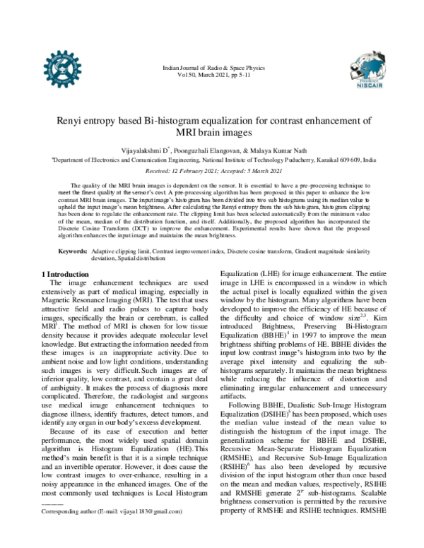 Pdf Renyi Entropy Based Bi Histogram Equalization For Contrast Enhancement Of Mri Brain Images