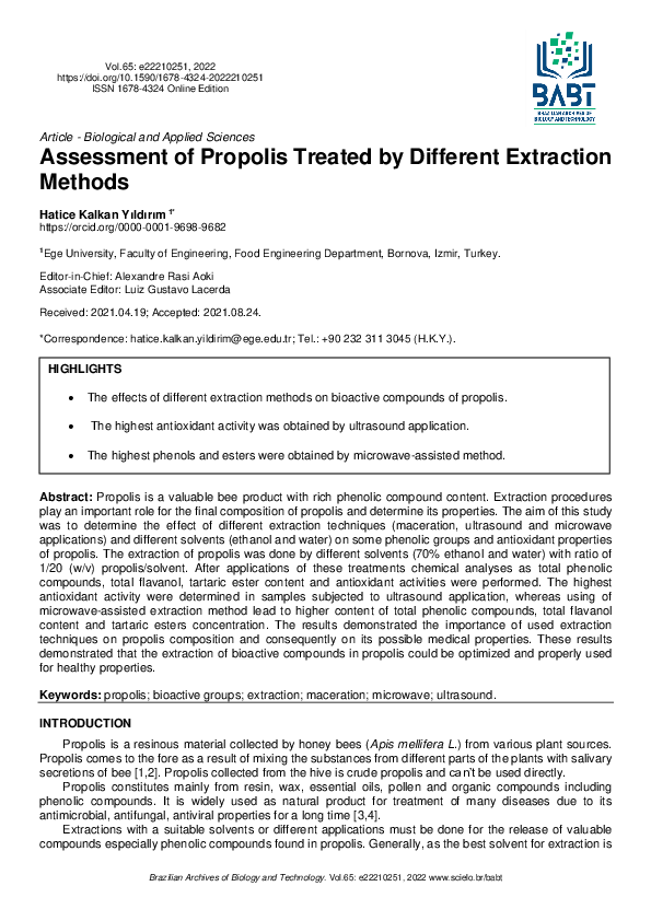(PDF) Assessment of Propolis Treated by Different Extraction Methods