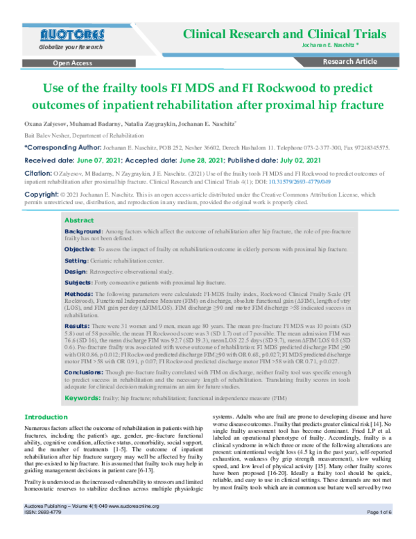 (PDF) Use of the Frailty Tools Fi Mds and Fi Rockwood to Predict Outcomes of Inpatient ...