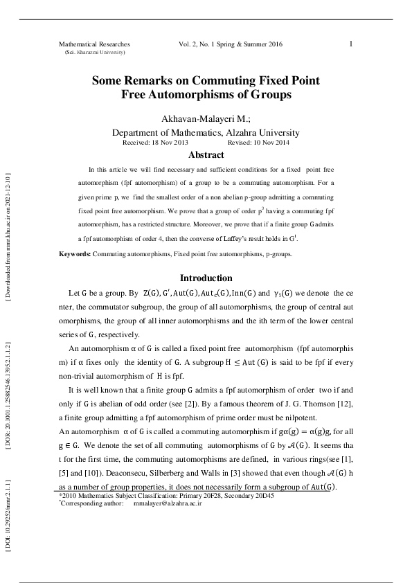 (PDF) Some Remarks on Commuting Fixed Point Free Automorphisms of Groups