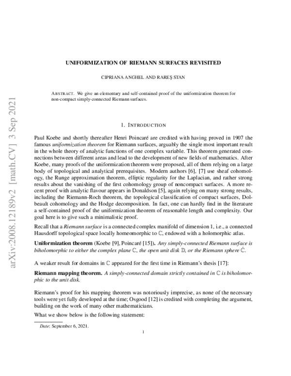 (PDF) Uniformization of Riemann surfaces revisited | rares stan ...