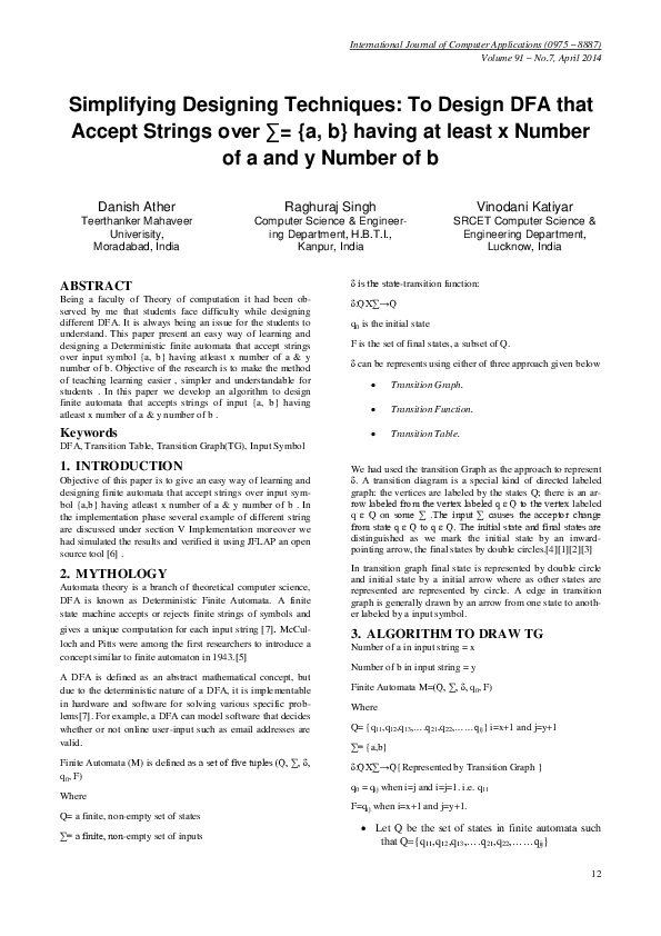 Pdf Simplifying Designing Techniques To Design Dfa That Accept Strings Over A B Having