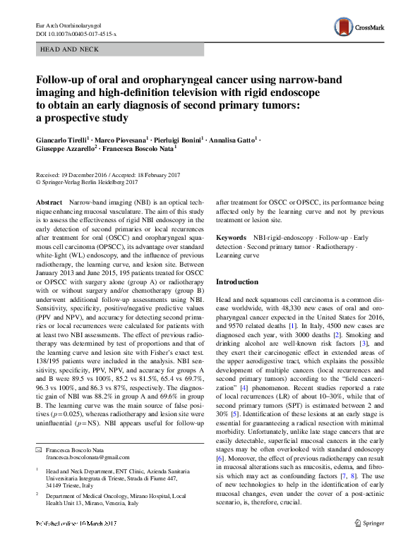(PDF) Follow-up of oral and oropharyngeal cancer using narrow-band ...