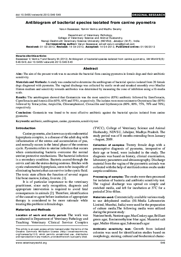 (PDF) Antibiogram of bacterial species isolated from canine pyometra