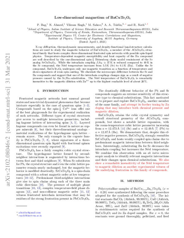 (PDF) Low-dimensional magnetism of BaCuTe2O6