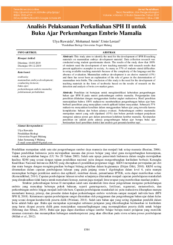 (PDF) Analisis Pelaksanaan Perkuliahan SPH II untuk Buku Ajar Perkembangan Embrio Mamalia