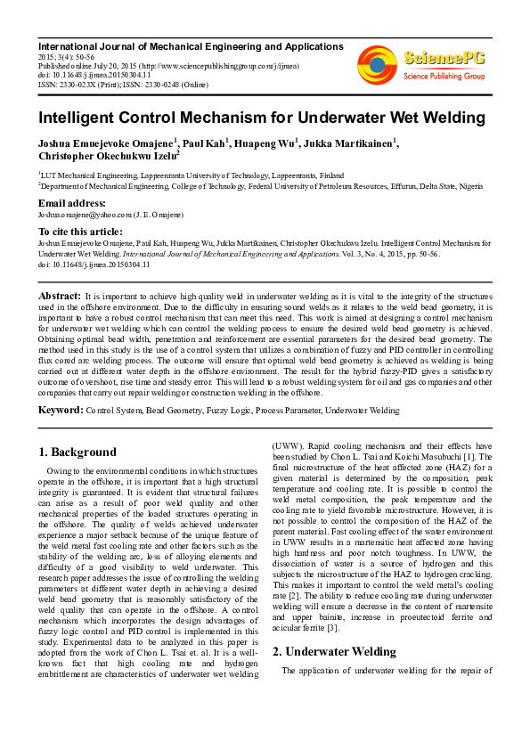 (PDF) Intelligent Control Mechanism for Underwater Wet Welding