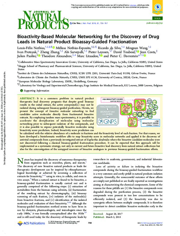 Pdf Bioactivity Based Molecular Networking For The Discovery Of Drug Leads In Natural Product