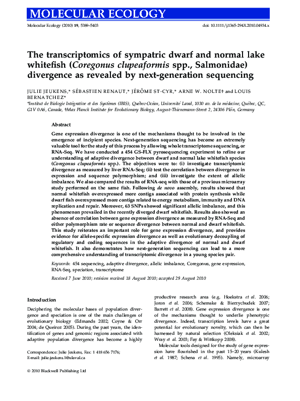 (PDF) The transcriptomics of sympatric dwarf and normal lake whitefish ...