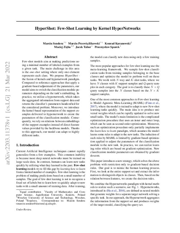 (PDF) HyperShot: Few-Shot Learning by Kernel HyperNetworks
