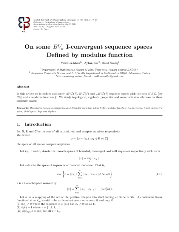 Pdf On Some Bvσ I Convergent Sequence Spaces Defined By Modulus Function Vakeel Ahmad Khan 3768