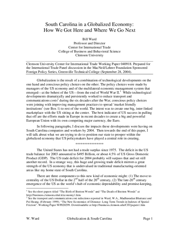 (PDF) South Carolina in a Globalized Economy: How We Got Here and Where ...