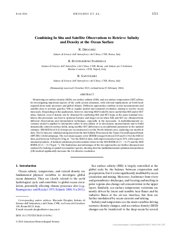 Pdf Combining In Situ And Satellite Observations To Retrieve Salinity And Density At The Ocean