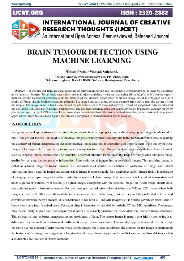 (PDF) Brain Tumour Detection Using Machine Learning (PDF) Brain Tumour Detection Using Machine Learning