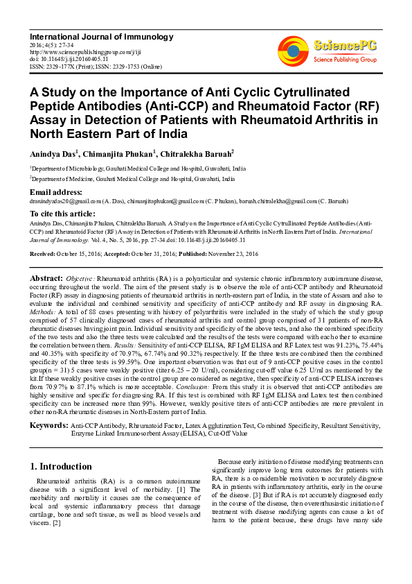 (PDF) Anti-CCP and RF Assays in Diagnosing RA