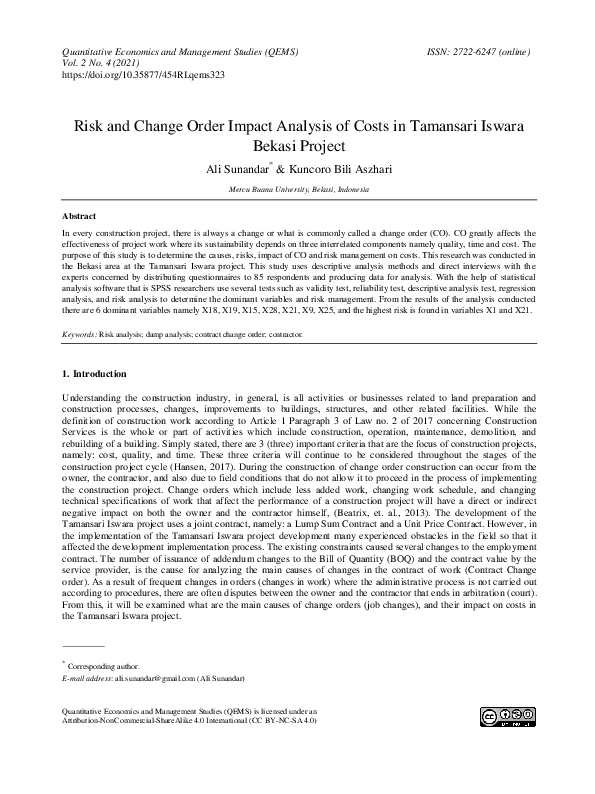 (PDF) Risk and Change Order Impact Analysis of Costs in Tamansari ...