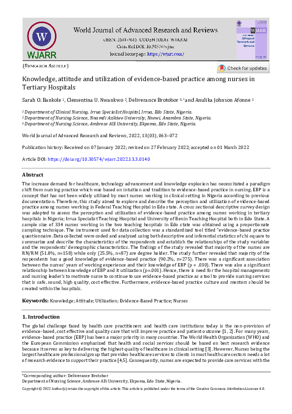 (PDF) Knowledge, attitude and utilization of evidence-based practice among nurses in Tertiary ...