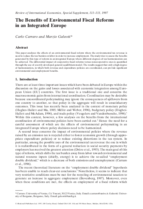 (PDF) The Benefits of Environmental Fiscal Reforms in an Integrated Europe