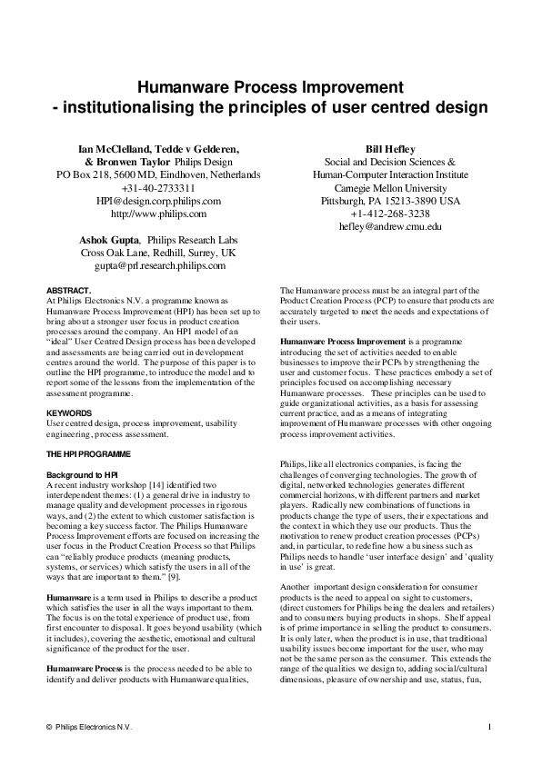 (PDF) HumanWare Process Improvement-institutionalising the principles of user-centred design