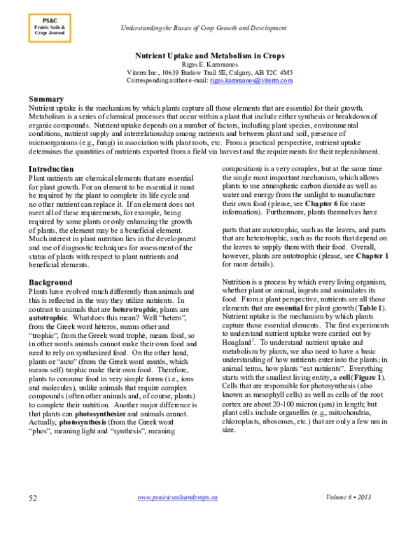 (PDF) Prairie Soils & Crops Journal Nutrient Uptake and Metabolism in Crops