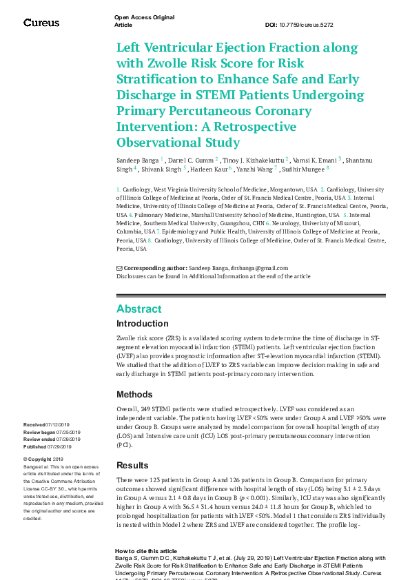 (PDF) Left Ventricular Ejection Fraction along with Zwolle Risk Score ...