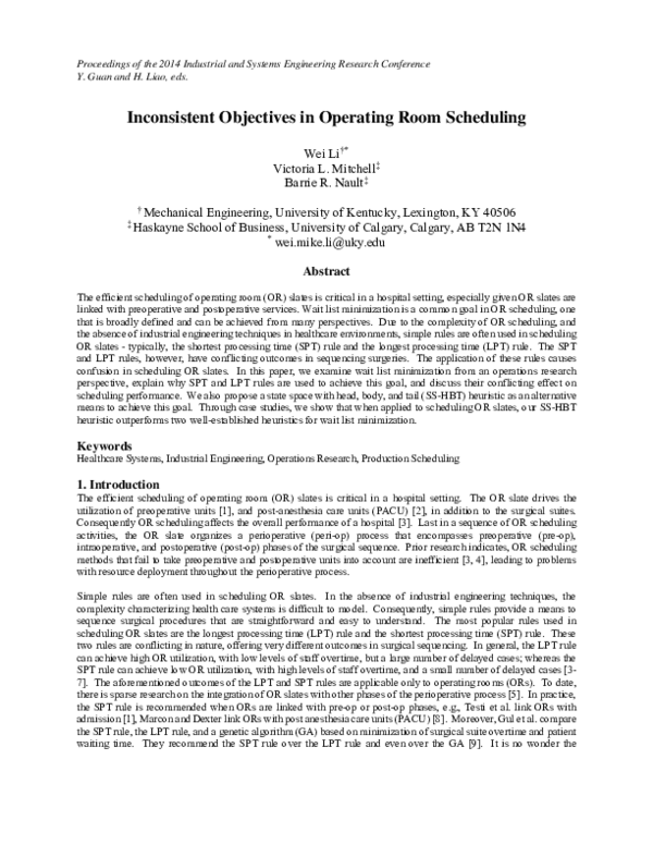 (PDF) Inconsistent Objectives in Operating Room Scheduling