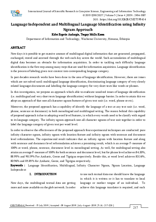 (PDF) Language Independent Multilingual Language Identification using Infinity Ngram Approach